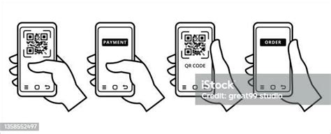 Qr 코드 휴대 전화 스캔 일러스트레이션 지불 및 주문 일러스트레이션을 위한 핸드 홀딩 전화 스캔 Qr 코드 빠른 응답 코드 벡터 플랫 라인 그래픽 디자인 컴퓨터 모니터에