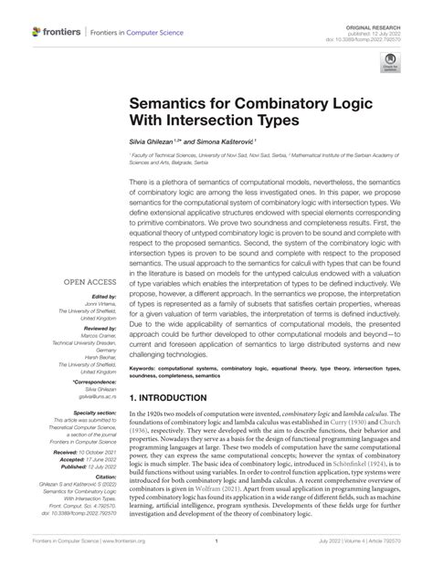 Pdf Semantics For Combinatory Logic With Intersection Types