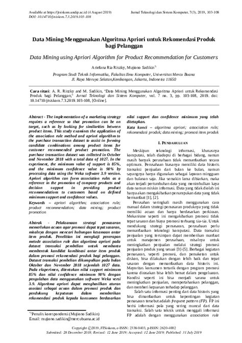 Pdf Data Mining Menggunakan Algoritma Apriori Untuk Rekomendasi