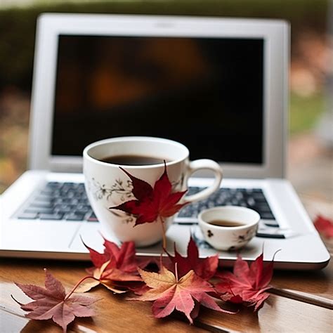 Laptop With Fall Leaves Background Autumn Notebook Maple Leaf