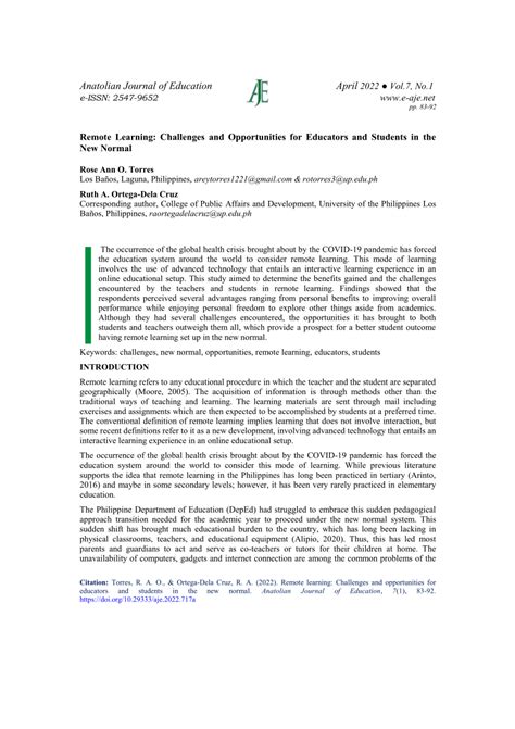 PDF Remote Learning Challenges And Opportunities For Educators And Students In The New Normal