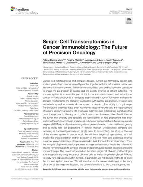 Pdf Single Cell Transcriptomics In Cancer Immunobiology The Future Of Precision Oncology