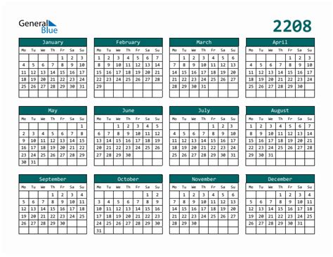 2208 Yearly Calendar Templates with Monday Start