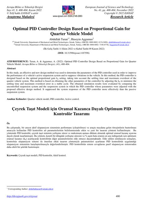 Pdf Optimal Pid Controller Design Based On Proportional Gain For Quarter Vehicle ModelÇeyrek