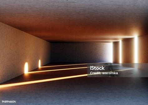 3d 렌더링 추상적인 배경 넓은 조명된 빈 복도 실내 콘크리트 벽 빛나는 라인 일광 터널 출구 일몰 빛을 광선 최소한의 공간 Led 조명에 대한 스톡 사진 및 기타 이미지