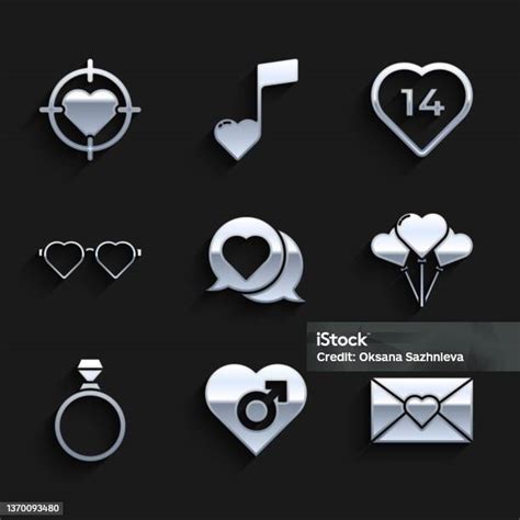 남성 성별 봉투 발렌타인 하트 풍선 형태의 풍선 다이아몬드 약혼 반지 모양의 러브 안경 센터 다트 대상 목표 아이콘과 음성 거품에 마음을 설정합니다 벡터 14에 대한 스톡