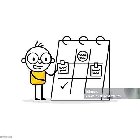 달력을 정리하는 만화가 일정과 마감일을 엄격하게 조직하고 작업 프로세스를 제어하고 더 나은 생산성 개념을 위한 습관을