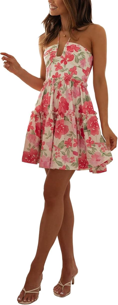 Women Floral Halter Neck Mini Dress Sleeveless Summer Party A Line Flowy Short Dress