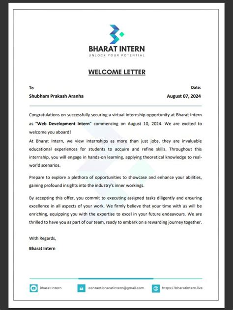 received an internship from bharat intern shubham prakash aranha posted on the topic linkedin