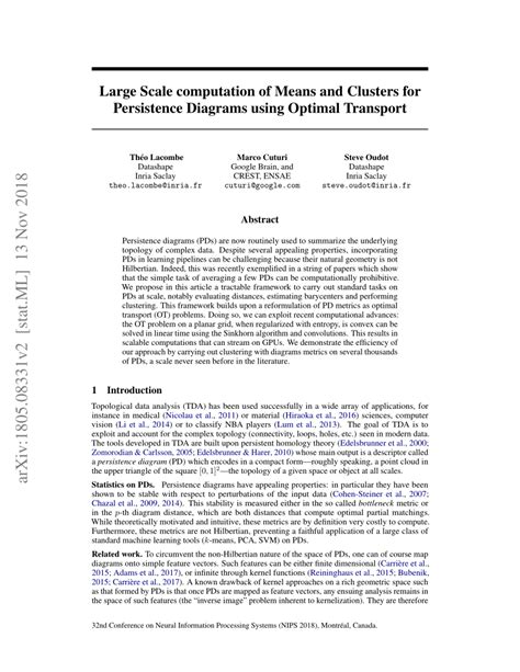 Pdf Large Scale Computation Of Means And Clusters For Persistence Diagrams Using Optimal Transport