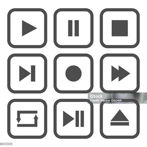 미디어 플레이어 컨트롤 버튼입니다 재생 일시 정지 정지 기록 앞으로 되감기 이전 다음 추출 반복 아이콘 광장 벡터 놀기에 대한 스톡 벡터 아트 및 기타 이미지 Istock
