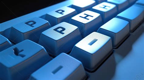 흰색 Pc 키보드의 파란색 Php 프로그래밍 키 극단적인 근접 촬영 3d 렌더링 로그 배경 흰색 보드 배경 키 배경