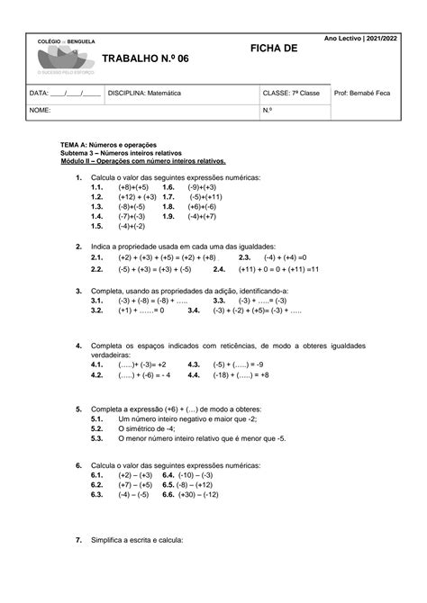 Solution Base De Quest Es N Opera Es Com N Meros Inteiros Relativos