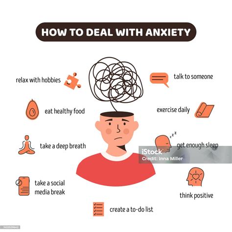 불안 장애로 우울한 성격을 강조했습니다 불안 관리 인포 그래픽 디자인에 대한 유용한 팁과 조언 정신 문제 사각형 카드로 고통받는 불안한 사람 벡터 일러스트레이션 마음 챙김에