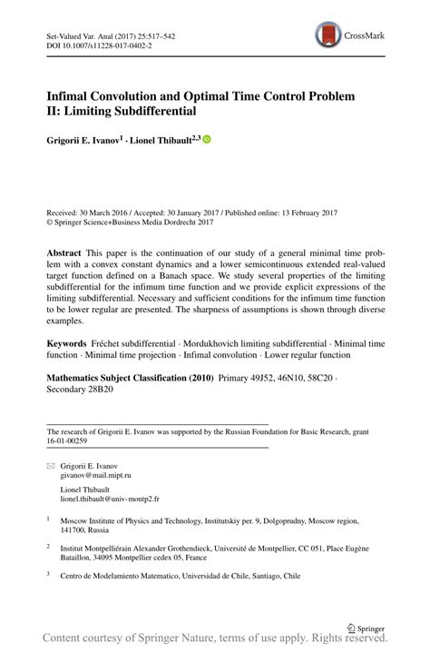 infimal convolution and optimal time control problem ii limiting subdifferential request pdf