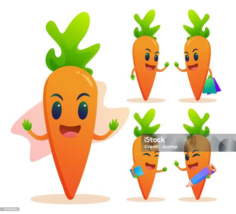 Cute Carrot Cartoon Vegetable Characters Isolated On White Background