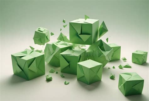 A Cluster Of Green Origami Cubes Some Exploding Into Fragments Stock Illustration