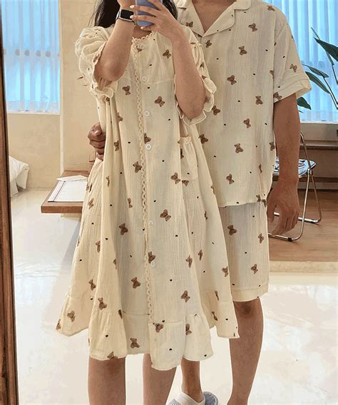 여름 커플 잠옷 반팔 반바지 체크 면 곰돌이 원피스 귀여운 신혼부부 집들이 허니문 에이블리