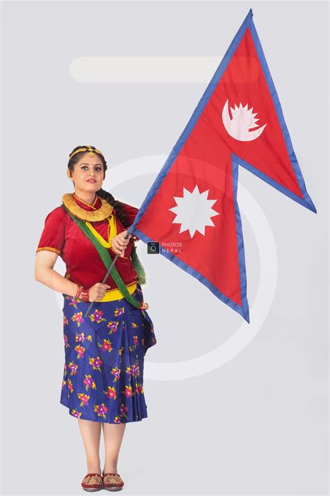 Traditionally Dressed Nepali Woman Holding Nepali Flag Photos Nepal