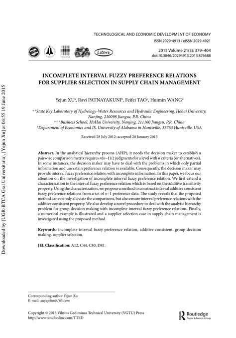 Pdf Incomplete Interval Fuzzy Preference Relations For Supplier Selection In Supply Chain