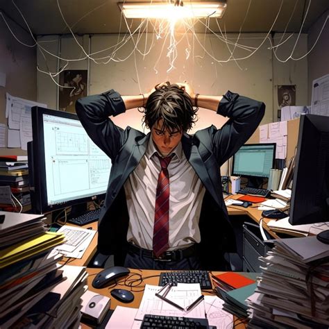 A Man In A Tie Is Sitting At A Desk With Three Monitors Premium Ai Generated Image