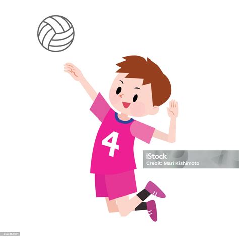 분홍색 유니폼을 입고 배구를 하는 소년의 그림 스파이크 점프 벡터 일러스트 레이 션 Volleyball Tournament에