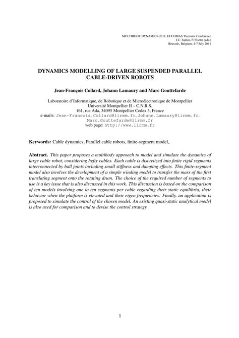 Pdf Dynamics Modelling Of Large Suspended Parallel Cable Driven Robots Multibody Model