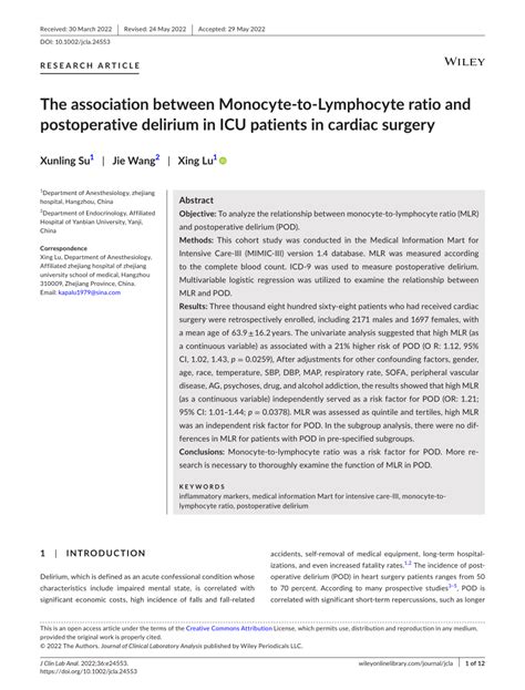 Pdf The Association Between Monocyte‐to‐lymphocyte Ratio And Postoperative Delirium In Icu