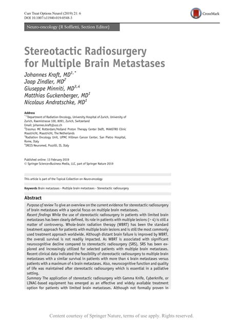 Stereotactic Radiosurgery For Multiple Brain Metastases Request Pdf