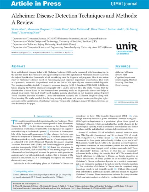 Pdf Alzheimer Disease Detection Techniques And Methods A Review