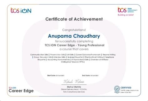 Anupama Chaudhary On Linkedin Certificateofcompletion Tcs Certificate Skillsdevelopment