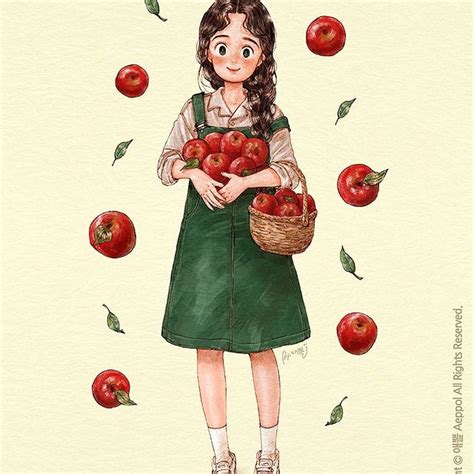 애뽈 On Instagram 한아름 사과를 안고🍎 숲을닮은너에게 너의숲이되어줄게 드로잉 스케치 소녀 애뽈 숲소녀 그림 감성 일러스트 일러스트레이션