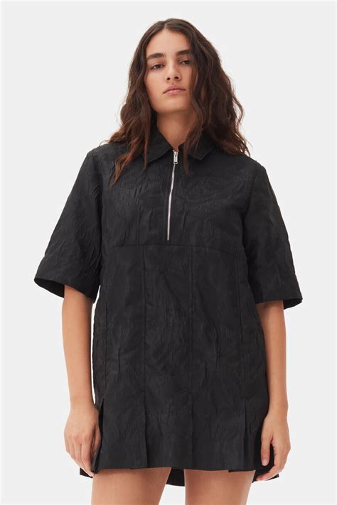 Black Black Textured Cloque Pleated Mini Dress Ganni Au
