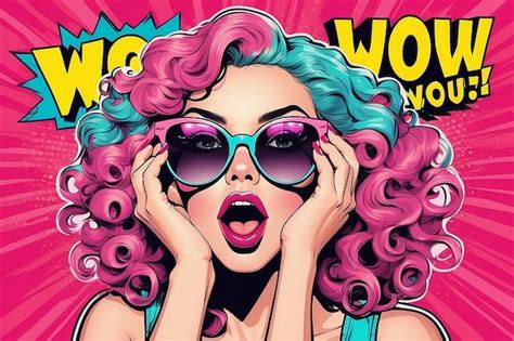 Wow Pop Art Face Sexy Surprised Woman With Pink Curly Hair And Open