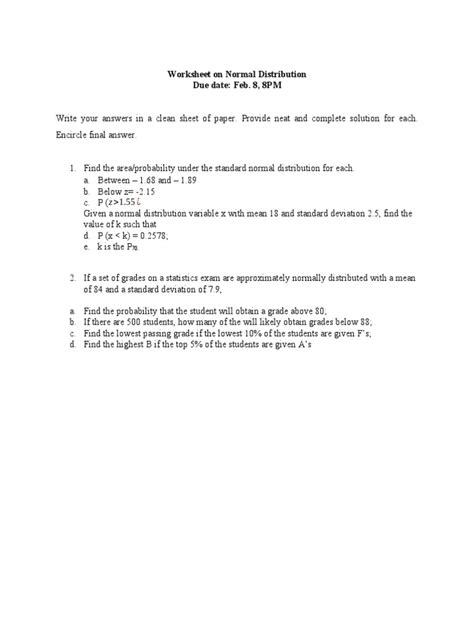 Worksheet On Normal Distribution Pdf