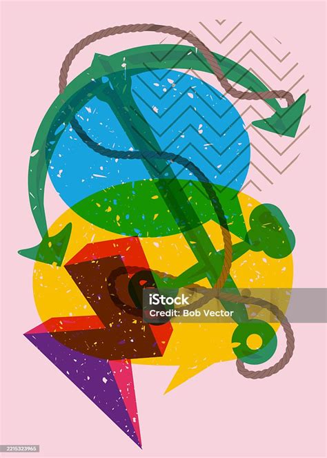 Risograph 기하학적 모양의 말풍선이 있는 앵커 트렌디한 Riso Graph의 개체는 기하학 요소가 있는 질감 스타일 디자인을 인쇄합니다 Brand Name