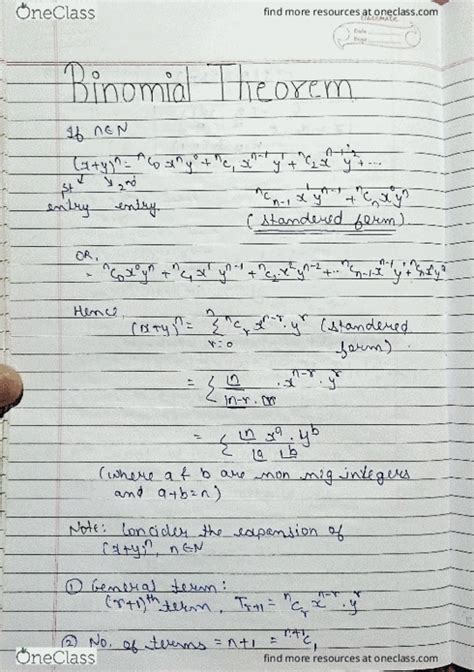 Binomial Theorem Handwritten Notes Oneclass