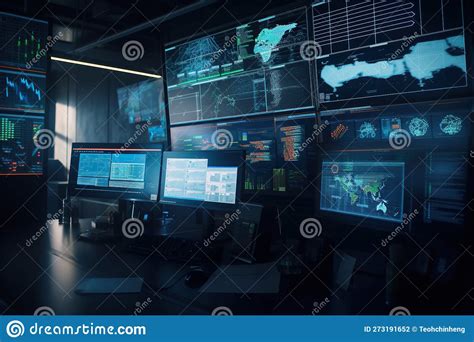 Computer Monitors In A Dark Room The Concept Of Business And Technology Generative Ai Stock