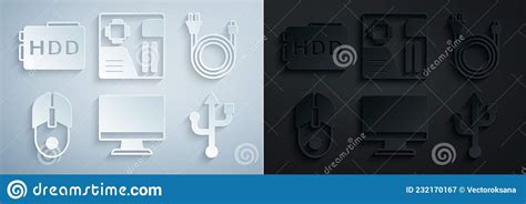 Set Computer Monitor Screen Electric Plug Mouse Usb Motherboard Digital Chip And Hard Disk
