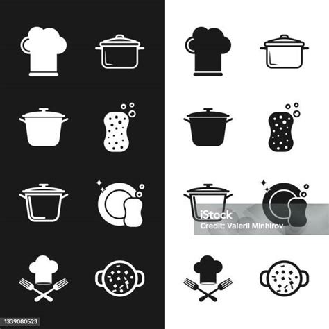 거품 요리 냄비 요리사 모자 설거지 수프와 포크 아이콘 스폰지를 설정합니다 벡터 아이콘에 대한 스톡 벡터 아트 및 기타 이미지 아이콘 가정 생활 가정 주방 Istock