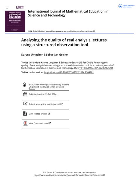 Analysing The Quality Of Real Analysis Lectures Using A Structured Observation Tool Pdf