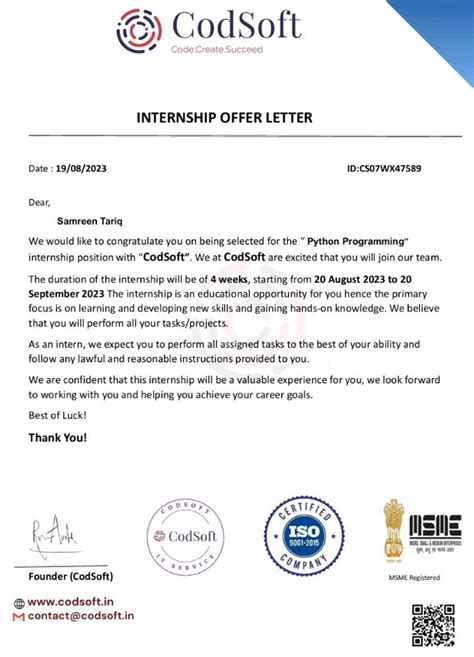 Samreen Tariq On Linkedin Codedoft Pythonprogramming Internship