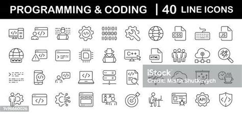 라인 스타일로 웹 아이콘의 코딩 세트를 프로그래밍합니다 웹 및 모바일 앱용 소프트웨어 개발 아이콘입니다 코드 Api 프로그래머 개발자 정보 기술 코더 등 벡터 그림 아이콘에