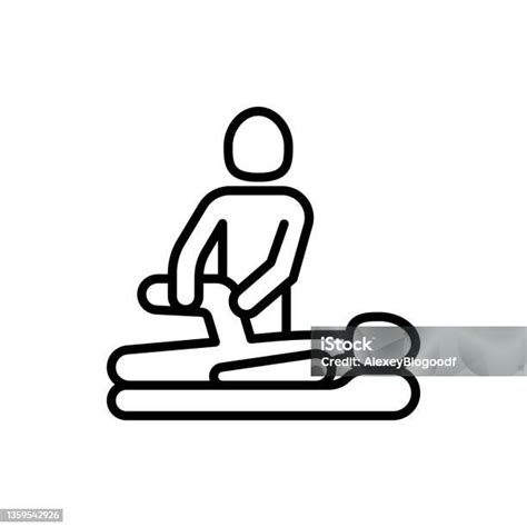 마사지 수동 관절 치료 얇은 라인 아이콘 물리 치료사는 남자의 무릎을 따뜻하게 물리 치료 재활 현대 벡터 일러스트레이션 물리치료에 대한 스톡 벡터 아트 및 기타 이미지