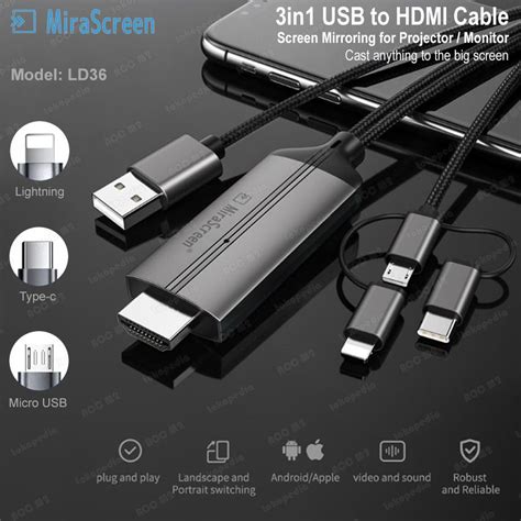 Jual Mirascreen Ld36 3 In 1 Kabel Usb Micro Type C Lightning To Hdmi Display Projector