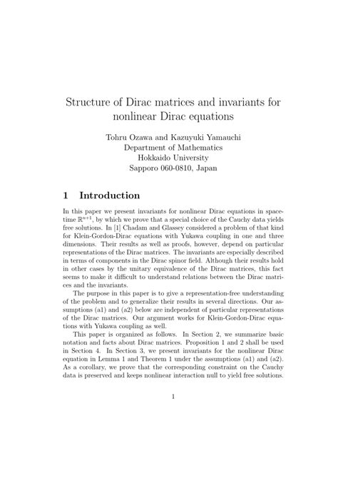 Pdf Structure Of Dirac Matrices And Invariants For Nonlinear Dirac Equations