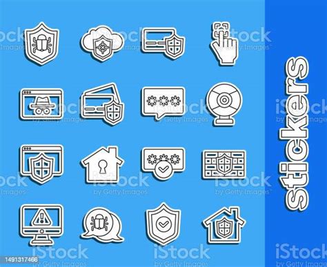 보호 라인 하우스 벽돌 벽이 있는 방패 보안 카메라 신용 카드 방패 브라우저 시크릿 창 시스템 버그 및 암호 아이콘을 설정합니다