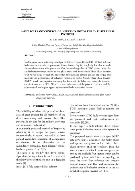 Pdf Fault Tolerant Control Of Induction Motor Fed By Three Phase Inverter