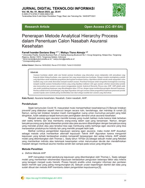 PDF Penerapan Metode Analytical Hierarchy Process Dalam Penentuan Calon Nasabah Asuransi Kesehatan