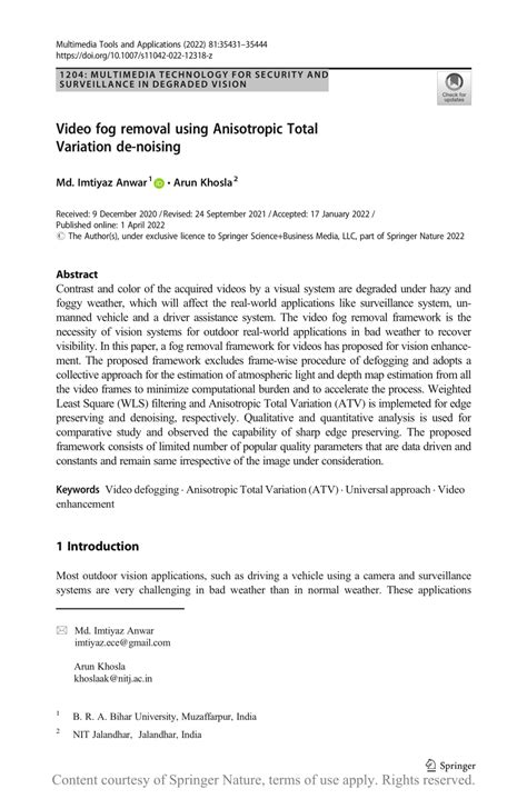 Video Fog Removal Using Anisotropic Total Variation De Noising